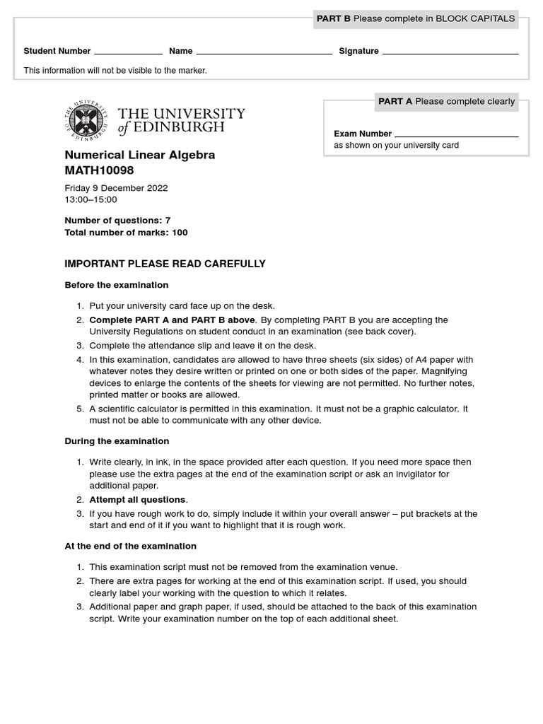 Numerical Linear Algebra University of Edinburgh Past Paper 2022-2023 ...
