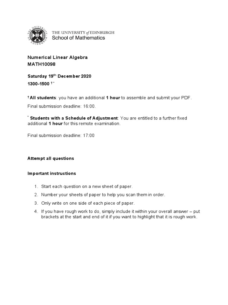 Numerical Linear Algebra University of Edinburgh Past Paper 2020-2021 | Download Free PDF ...