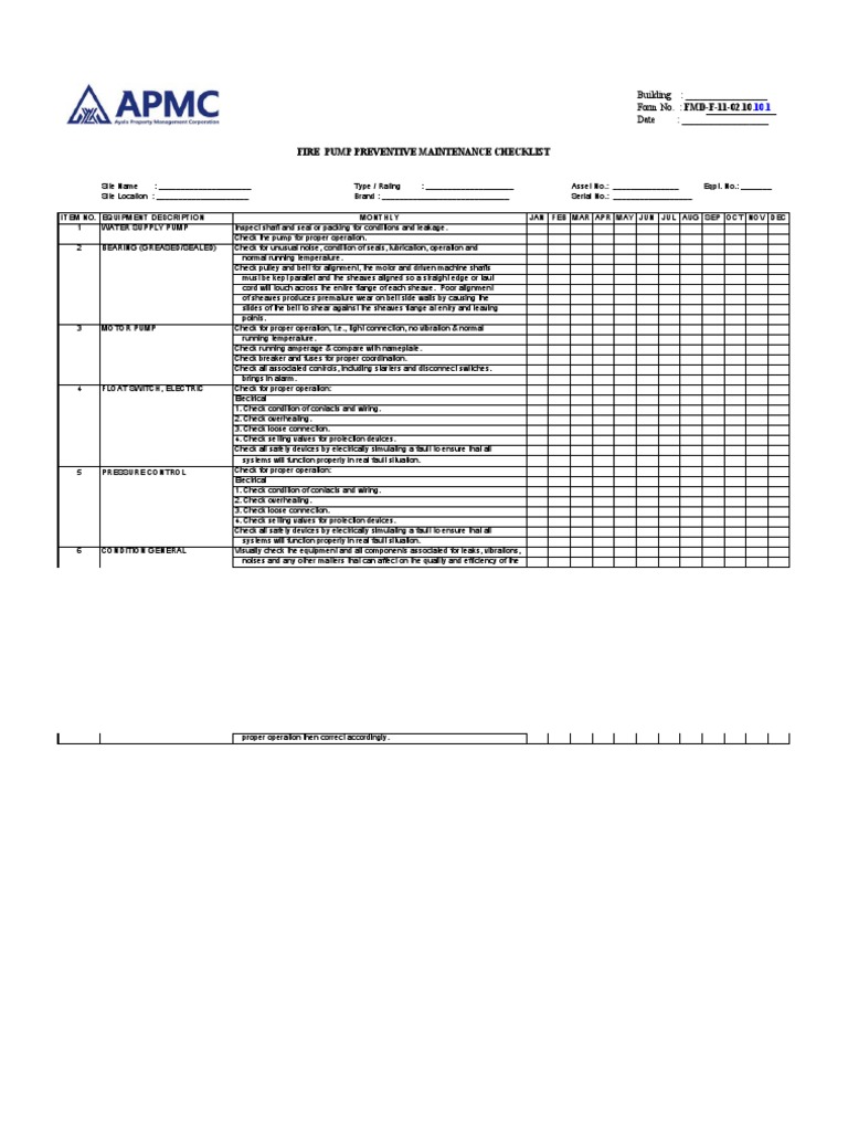 FMD-F-11-02.10.10.1 - Fire Pump Preventive Maintenance Checklist | PDF