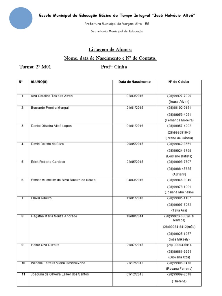 Listagem de Alunos: Nome, Data de Nascimento e #De Contato. Turma: 2º ...