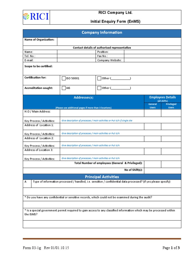 Form 03-1e Initial Enquiry Form EnMS (Rev 01, 04 04 17) | PDF