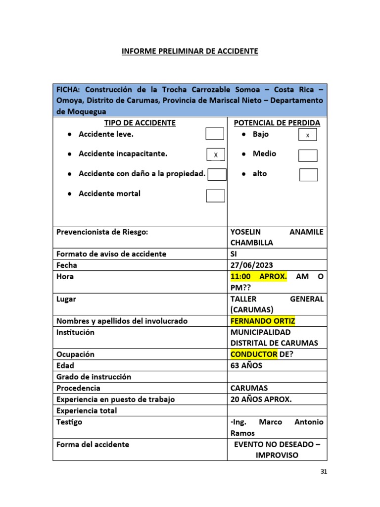 Informe Preliminar de Accidente | PDF
