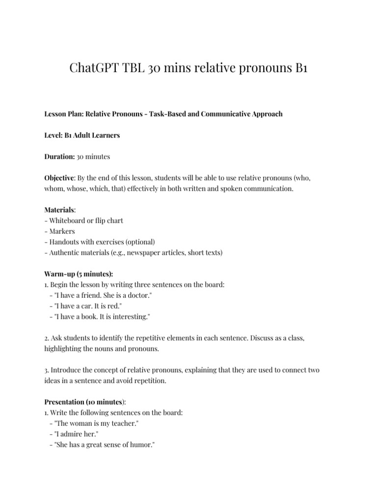 ChatGPT TBL 30 Mins Relative Pronouns B1 | PDF | Pronoun | Lesson Plan