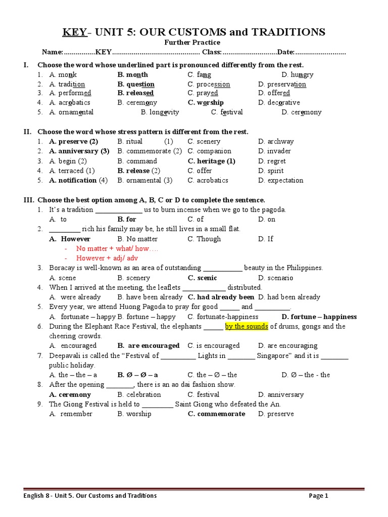 KEY - Unit 5 - Further Practice | PDF