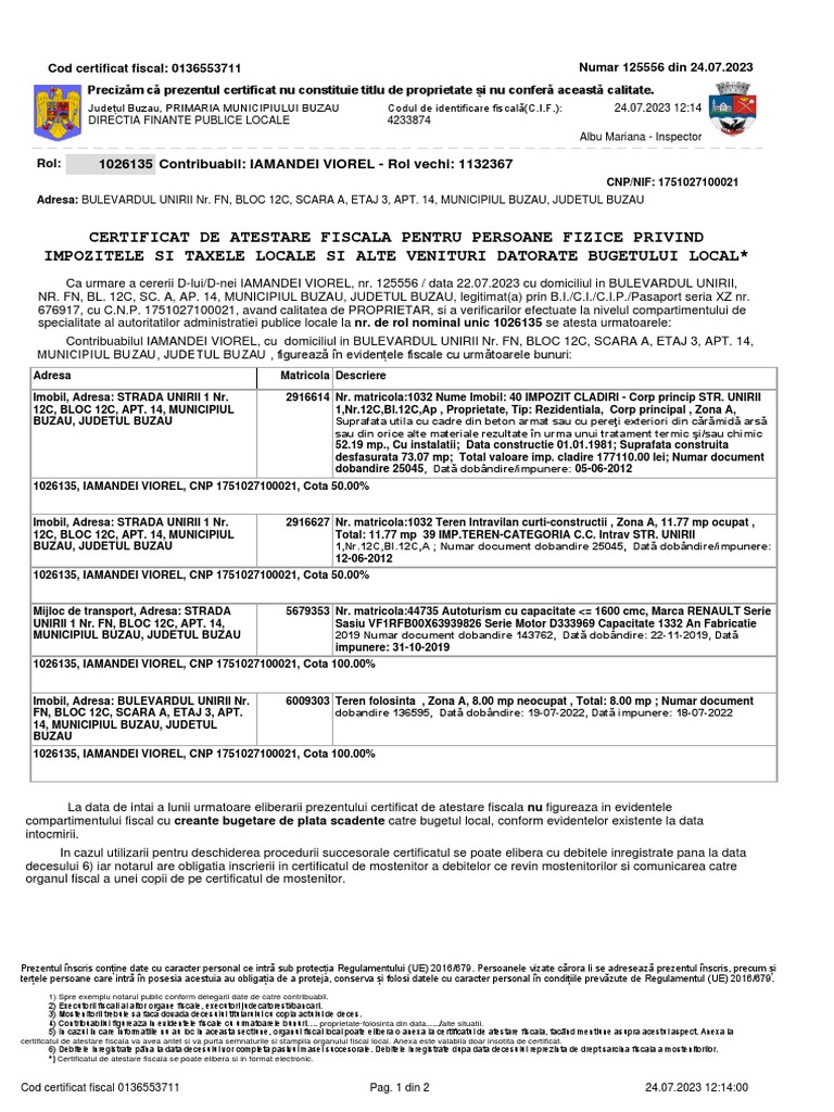 Certificat de Atestare Fiscala Pentru Persoane Fizice Privind ...