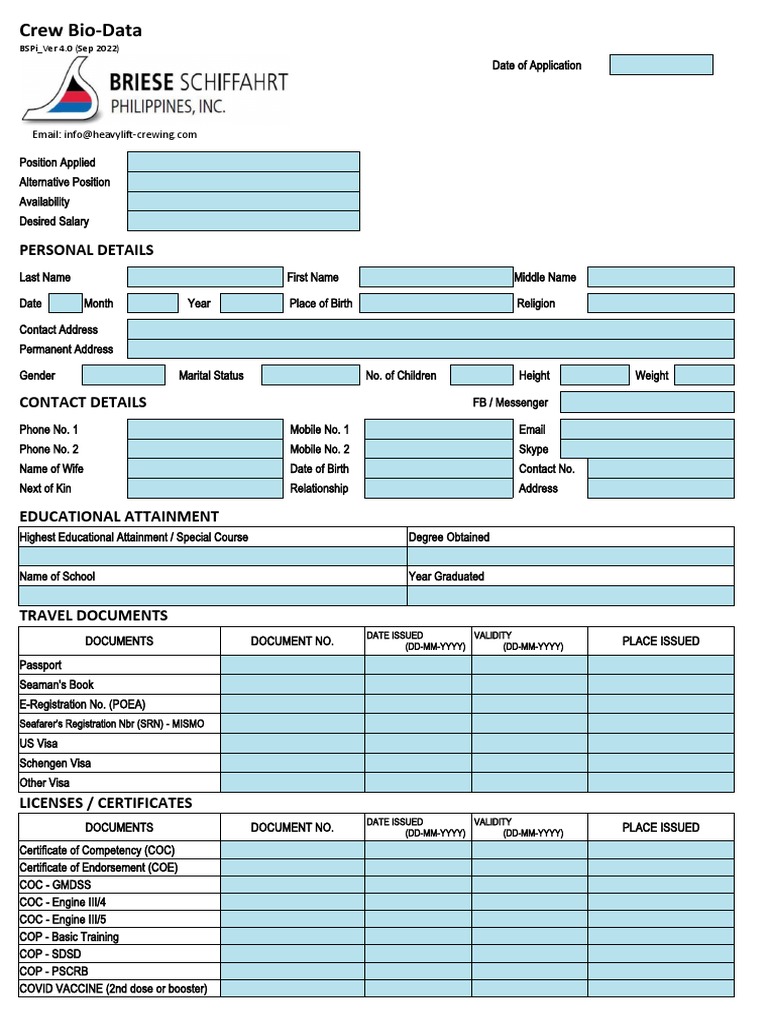 Engine Cadet Application Bio-Data | PDF | Travel Visa | Human Migration