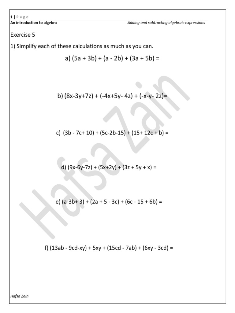 Adding and Subtracting Algebraic Expressions (Exercise5) 1 | PDF