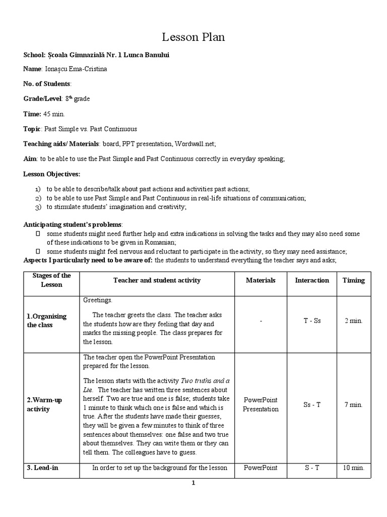 Cls. 8 R Lesson Plan Past Simple Vs Past Continuous | PDF