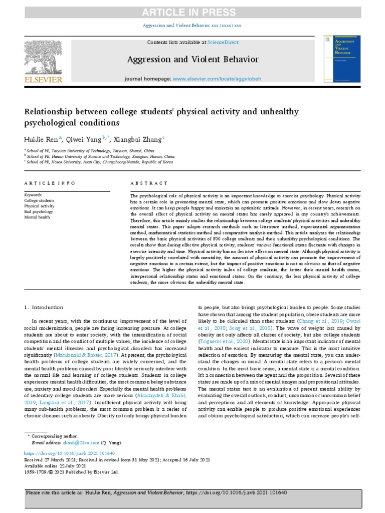 Aggression and Violent Behavior: Huijie Ren, Qiwei Yang, Xiangbai Zhang ...