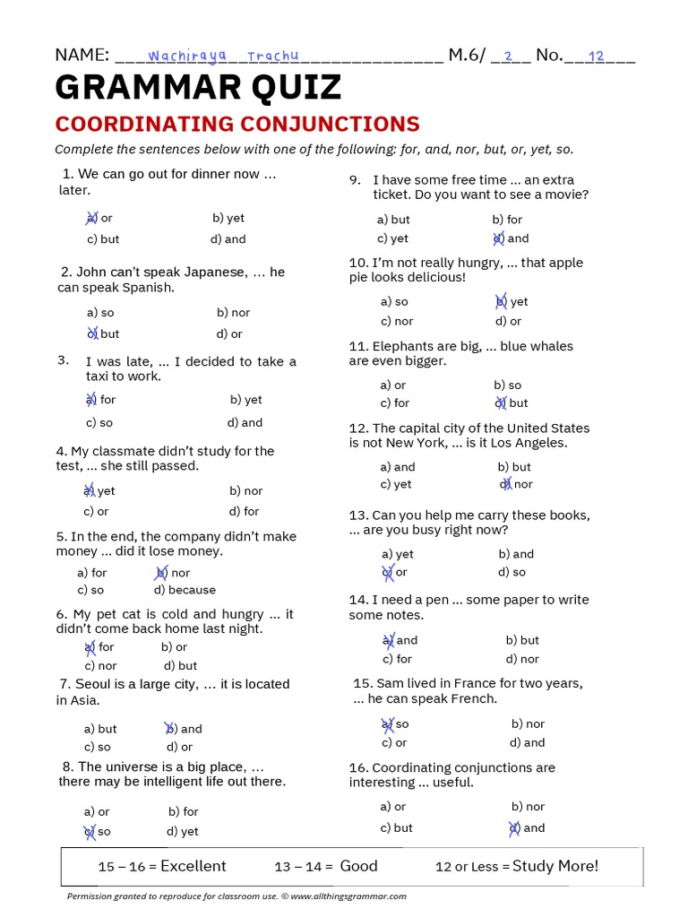 Coordinating Conjunctions Quiz | PDF | Language Arts & Discipline