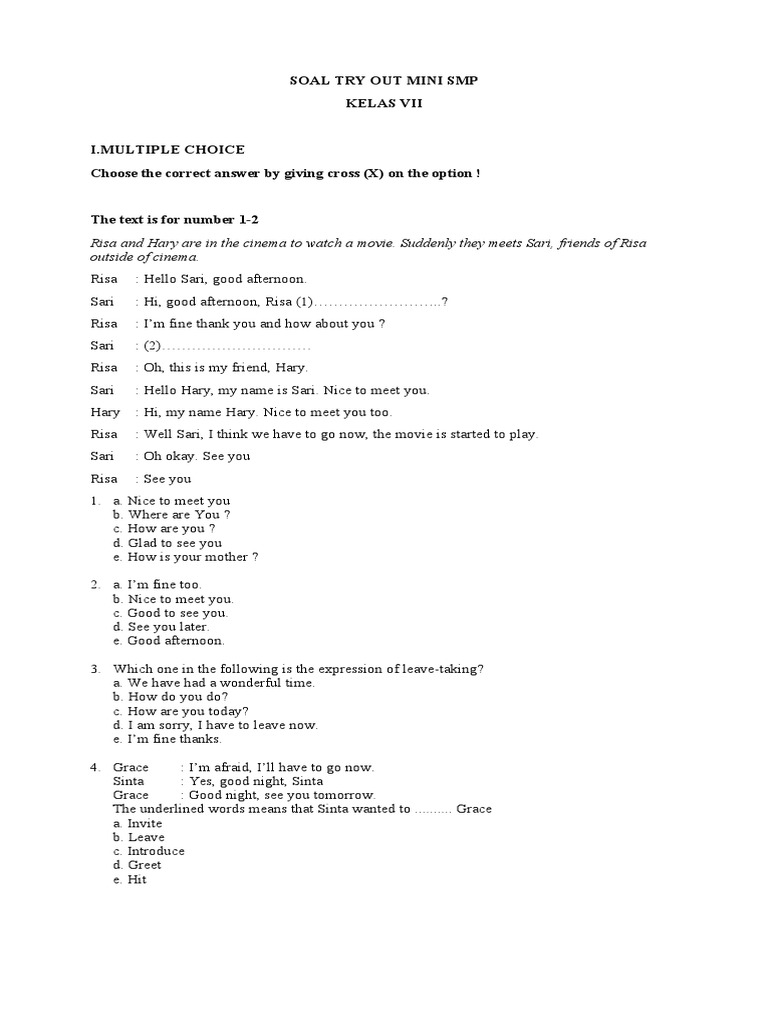 Soal Try Out Mini Bing SMP Jeje | PDF