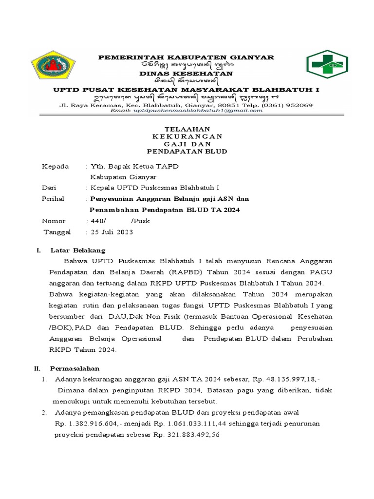 Telaahan Staf Kekurangan Gaji Dan Pedpaatan 2024 (1) BB1 | PDF