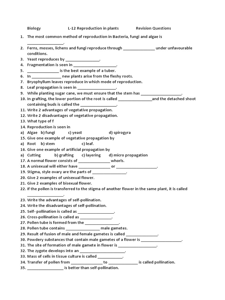 Reproduction in Plants - Revision Questions | PDF | Flowers | Reproduction