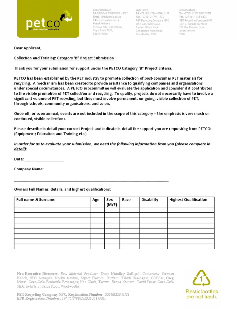 PETCO - CAT B - Collections and Training - Support - Application 2022 | PDF