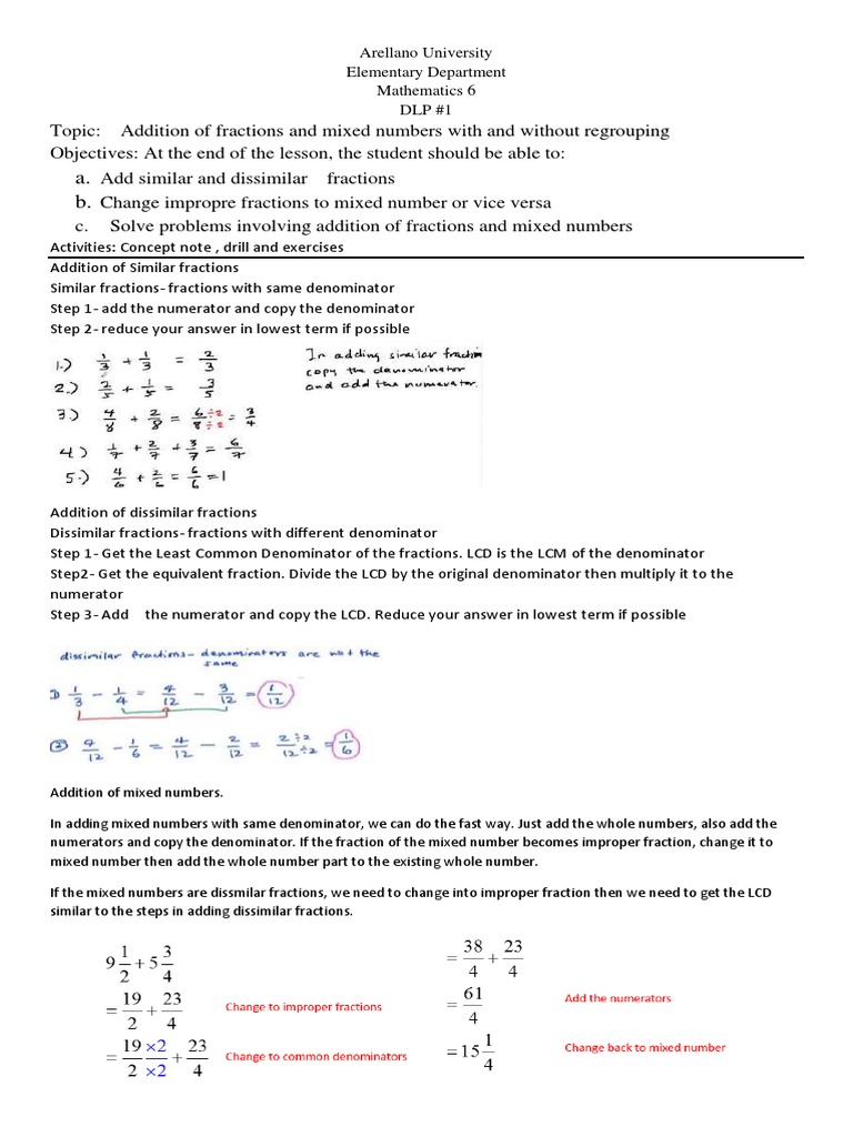 DLP 1 Addition and Subtraction of Fractions | PDF | Teaching Methods & Materials