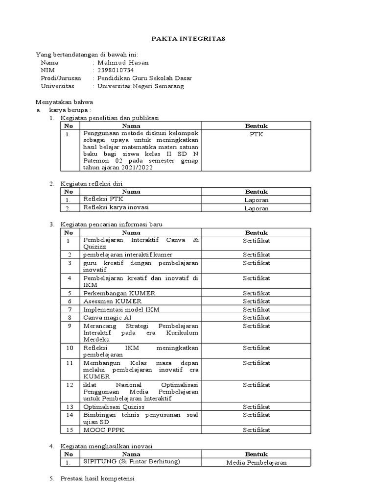 Pakta Integritas Contoh | PDF