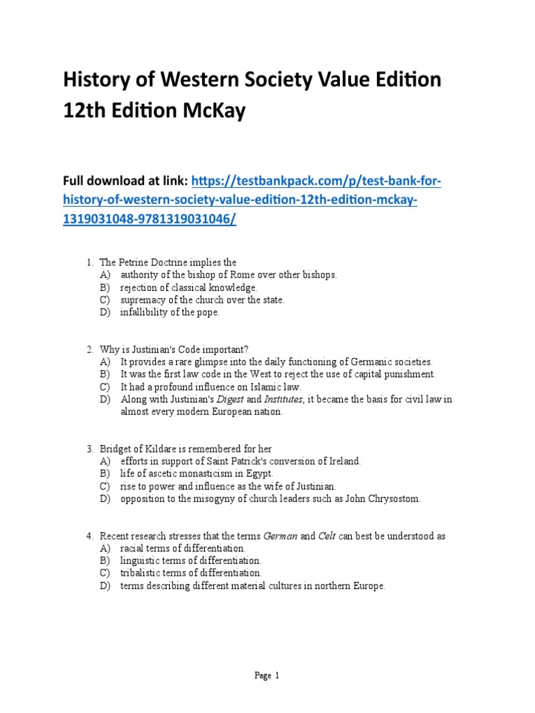 History of Western Society Value Edition 12th Edition McKay Test Bank ...