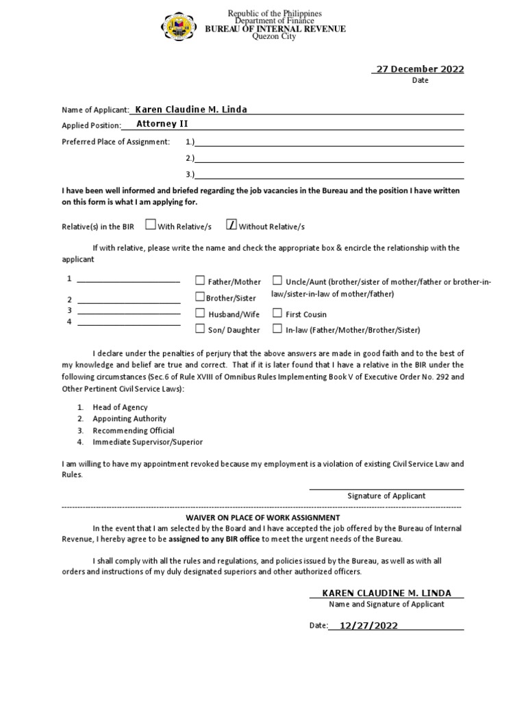 Statement of Relatives Form - BIR | PDF | Government | Justice