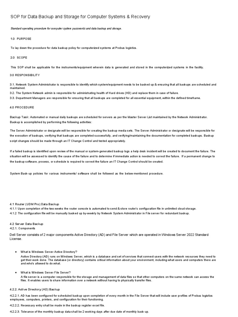 SOP For Data Backup and Storage For Computer Systems & Recovery | PDF | Computers