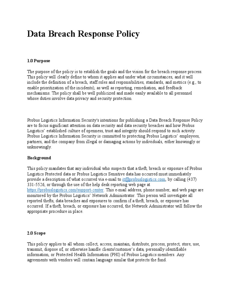 Policy For Probus Logistics Data Breach Response | PDF | Information ...