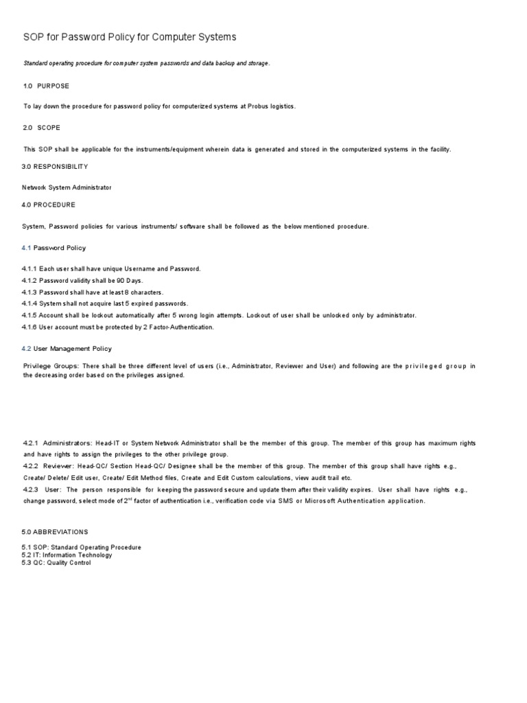 SOP For Password Policy For Computer Systems | PDF