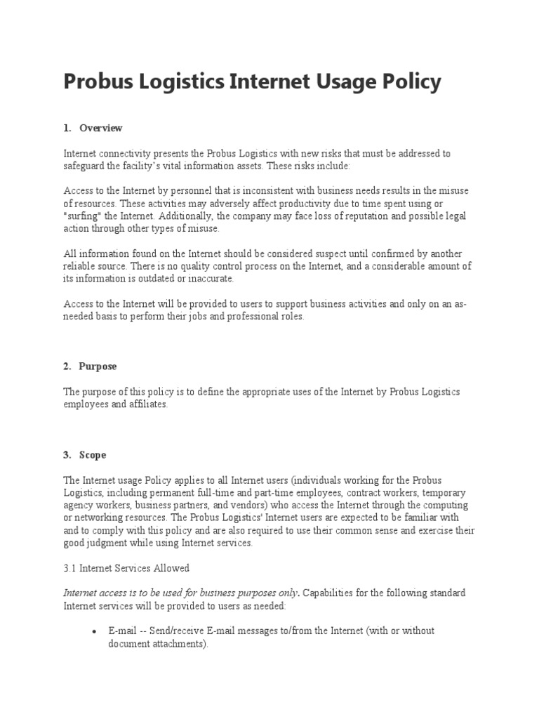 Policy For Probus Logistics Internet Usage | PDF