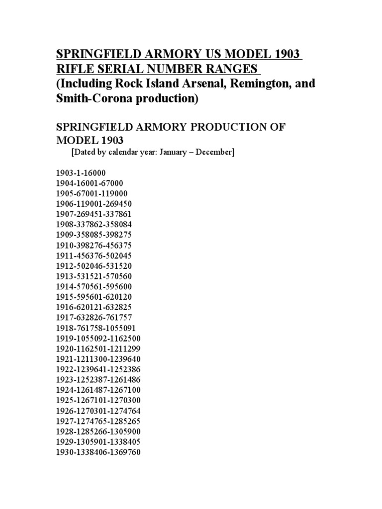 Us Model 1903 Rifle Serial Number Ranges | PDF | Military Technology ...
