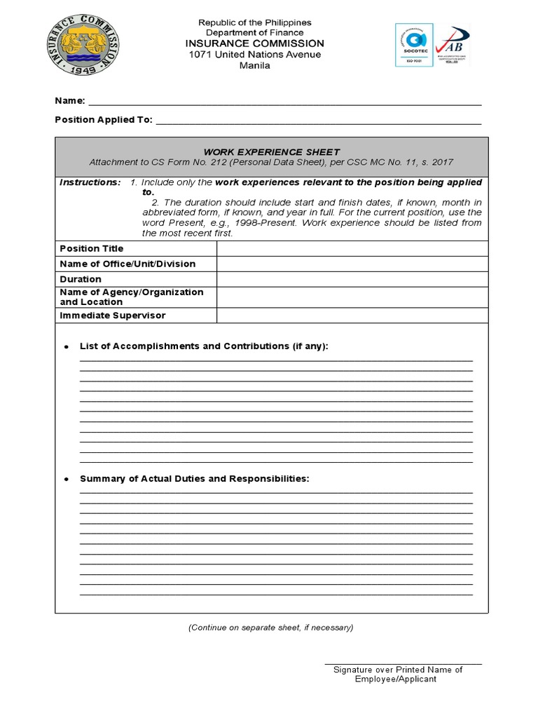 IC Work Experience Sheet 04152021 | PDF