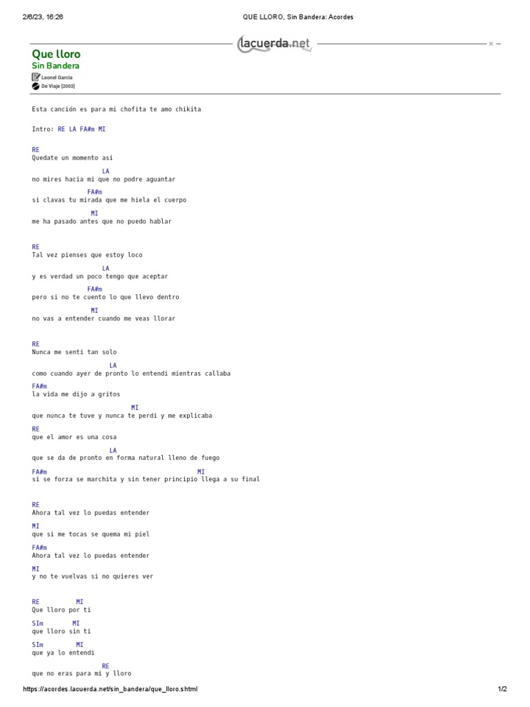 QUE LLORO, Sin Bandera - Acordes | PDF