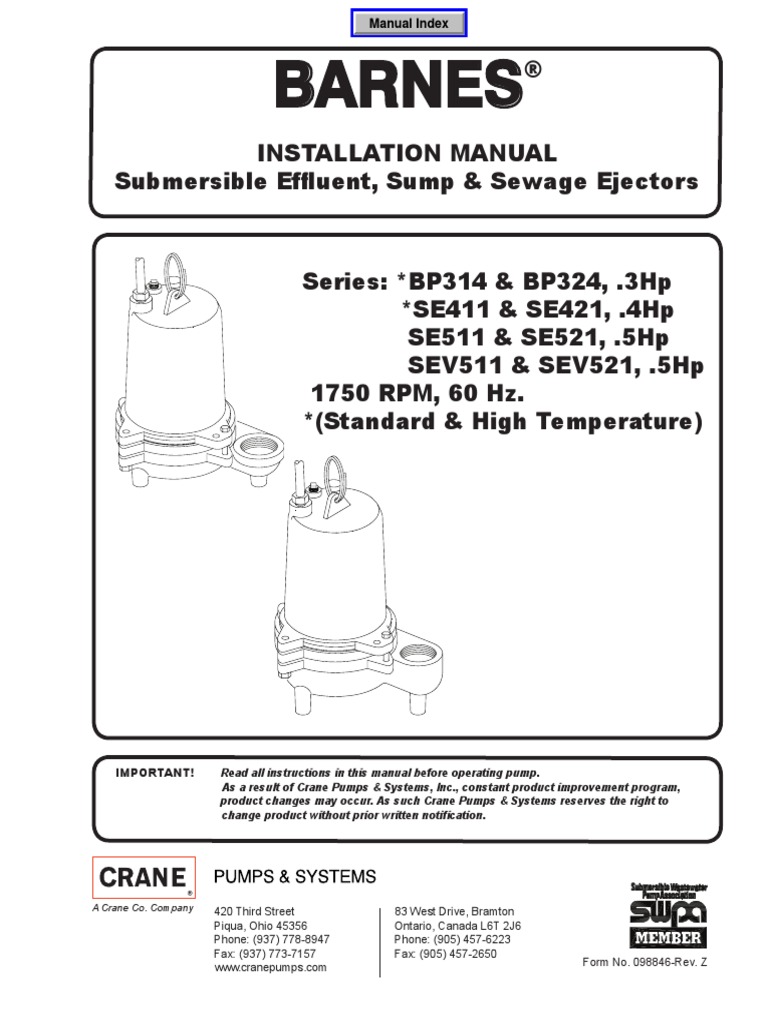Barnes Submersible Effluent Pumps Series SE411 SE421 Installation Manual | PDF