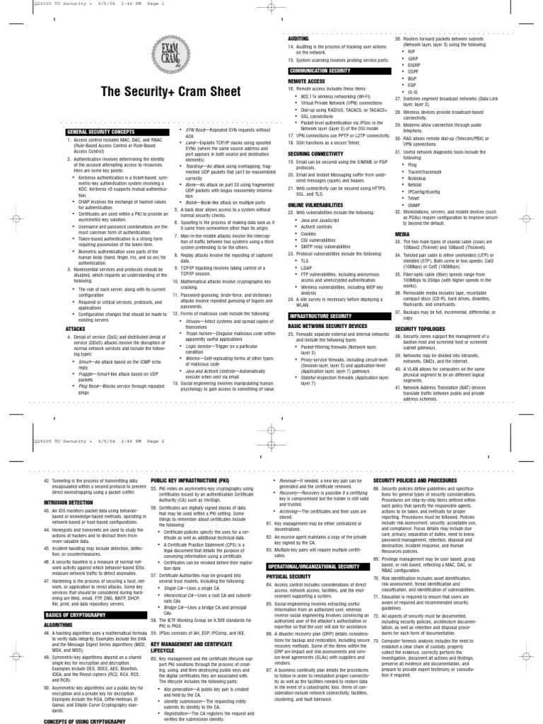 Security+ Cramsheet | PDF | Computer Network | Public Key Cryptography
