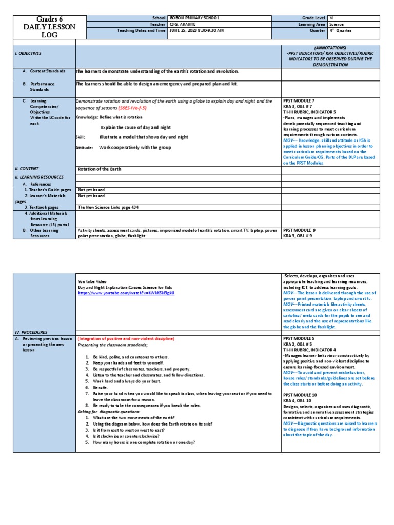 Cot - DLP - Science 6 - Earth's Rotation by Master Teacher Eva M ...