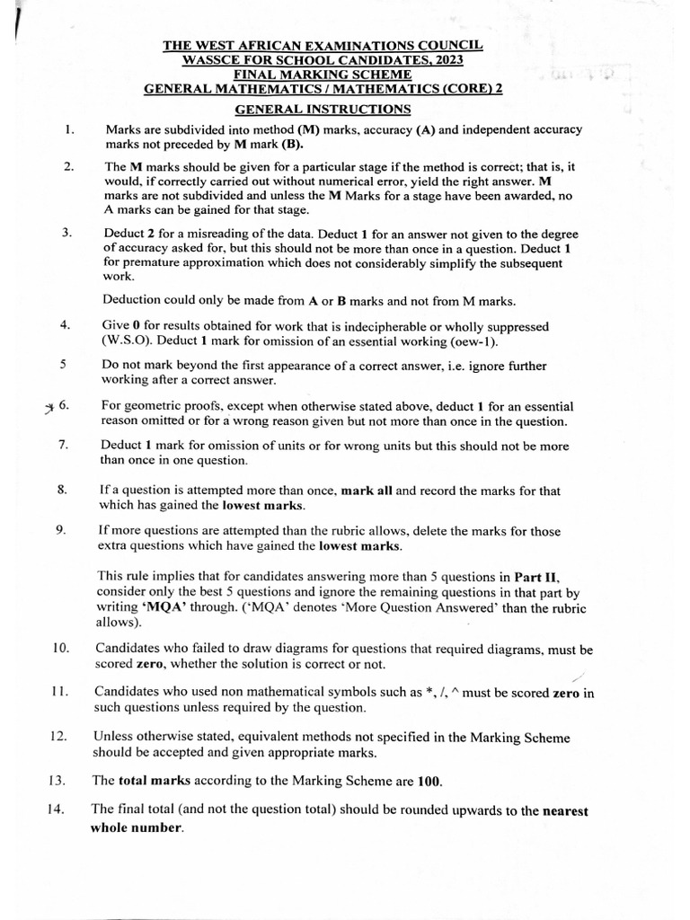 2023 WAEC Maths Marking Scheme | PDF