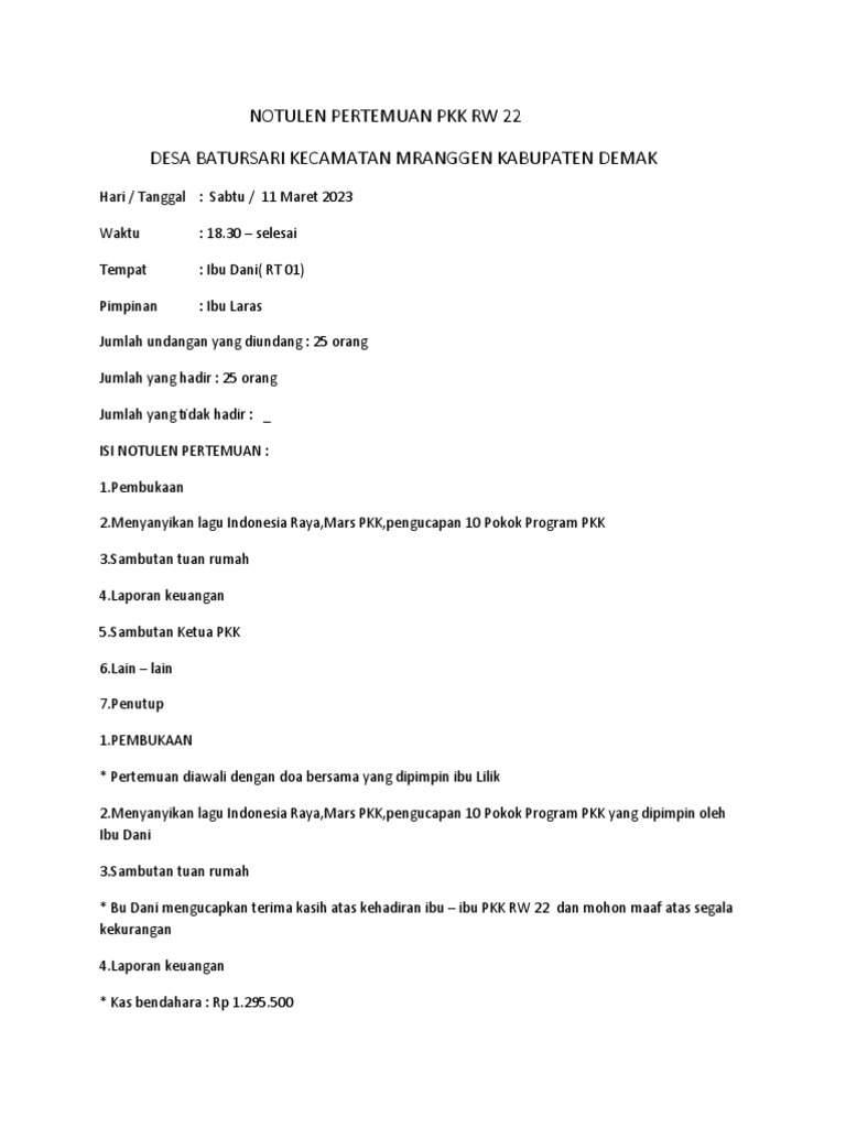 Notulen Pertemuan PKK RT 04 | PDF