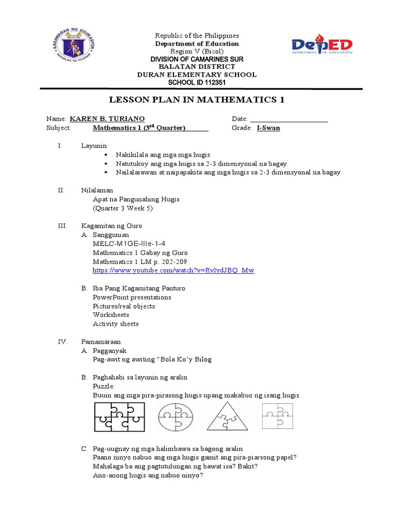 Cot Lesson Plan in Mathematics 1 - Q3 - Week 6 - Four Basic Shapes | PDF