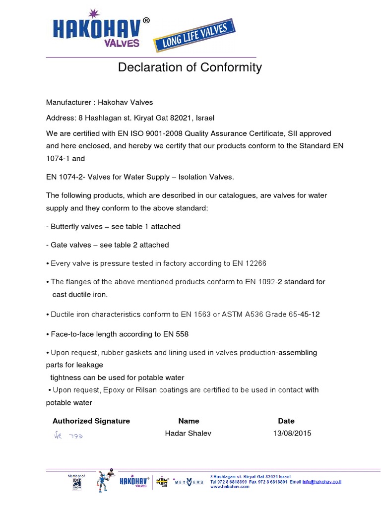 EN 1074 Declaration of Conformity | PDF