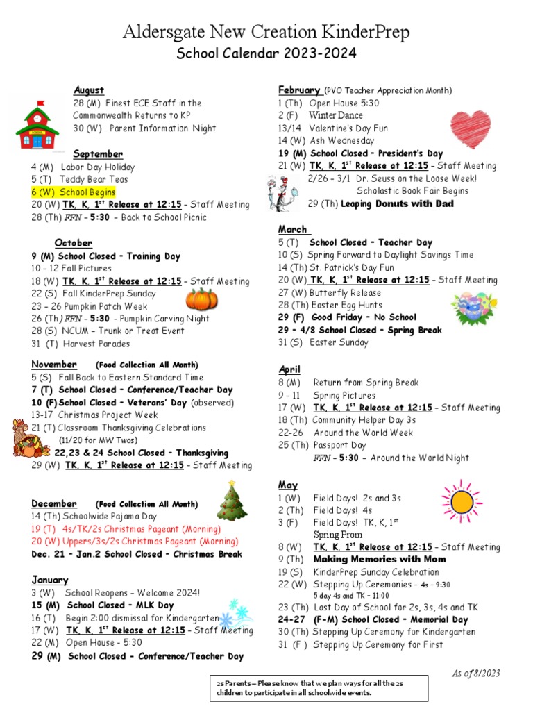 Aldersgate KinderPrep 2023-2024 Calendar | PDF