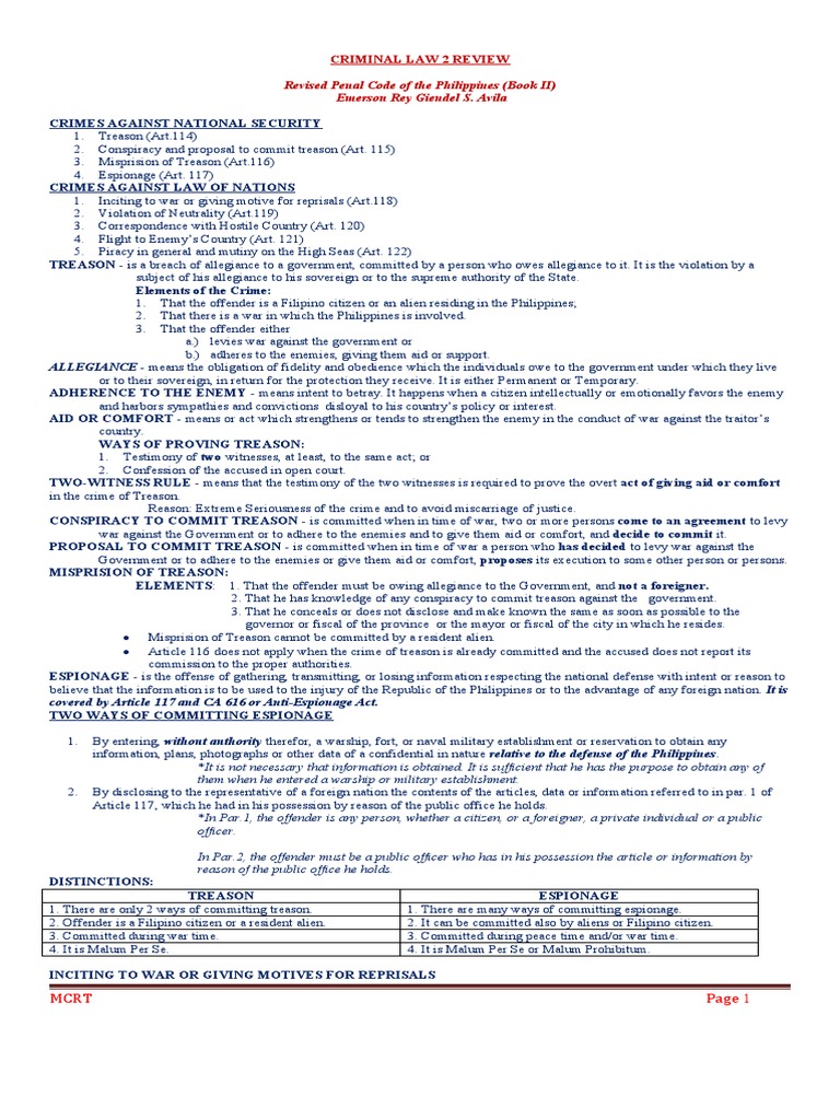 Criminal Law 2 Notes | PDF | Detention (Imprisonment) | Treason