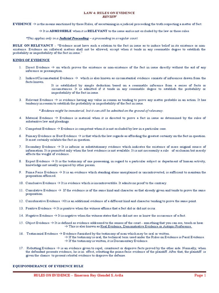 EVIDENCE Notes | PDF | Evidence (Law) | Parol Evidence Rule