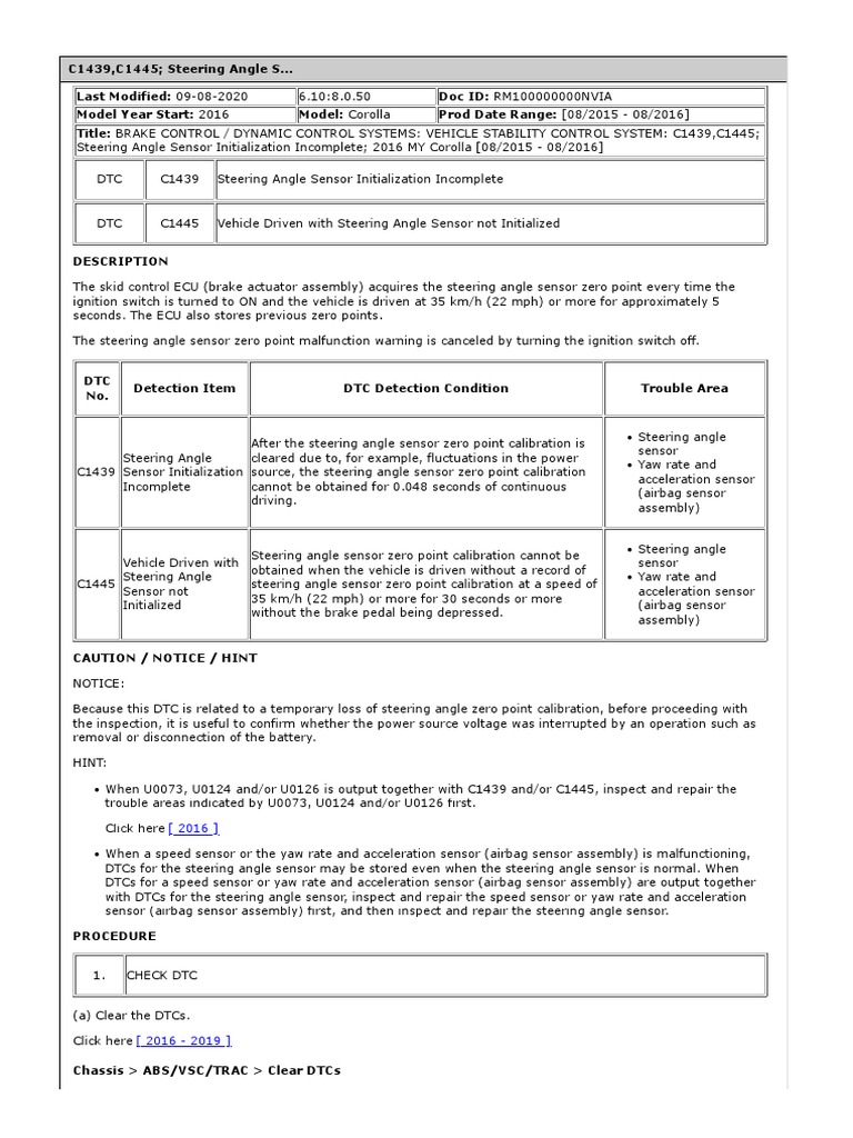 C1439, C1445 Steering Angle Sensor Initialization Incomplete 2014 ...
