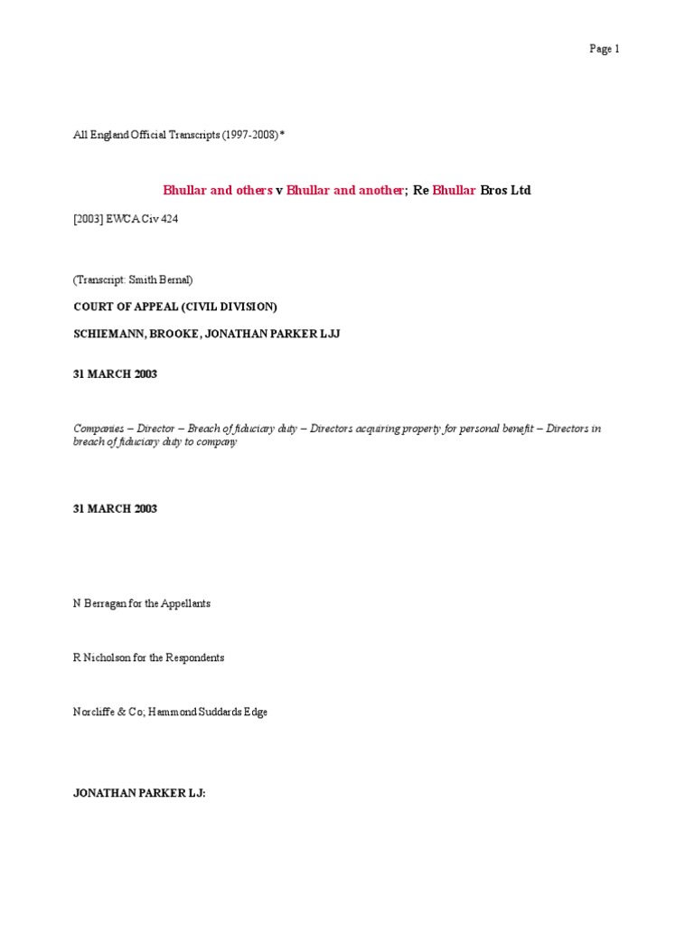 Bhullar V Bhullar (2003) CA Transcript of Judgment | PDF | Fiduciary ...