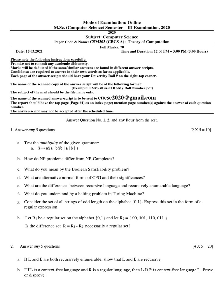 MSC CSM 303 Toc 2020 Online | PDF | Regular Expression | Computer Science
