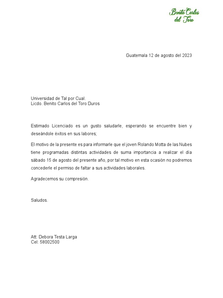 Carta para Faltar A Clases Wicho Nose - 13082023 | PDF