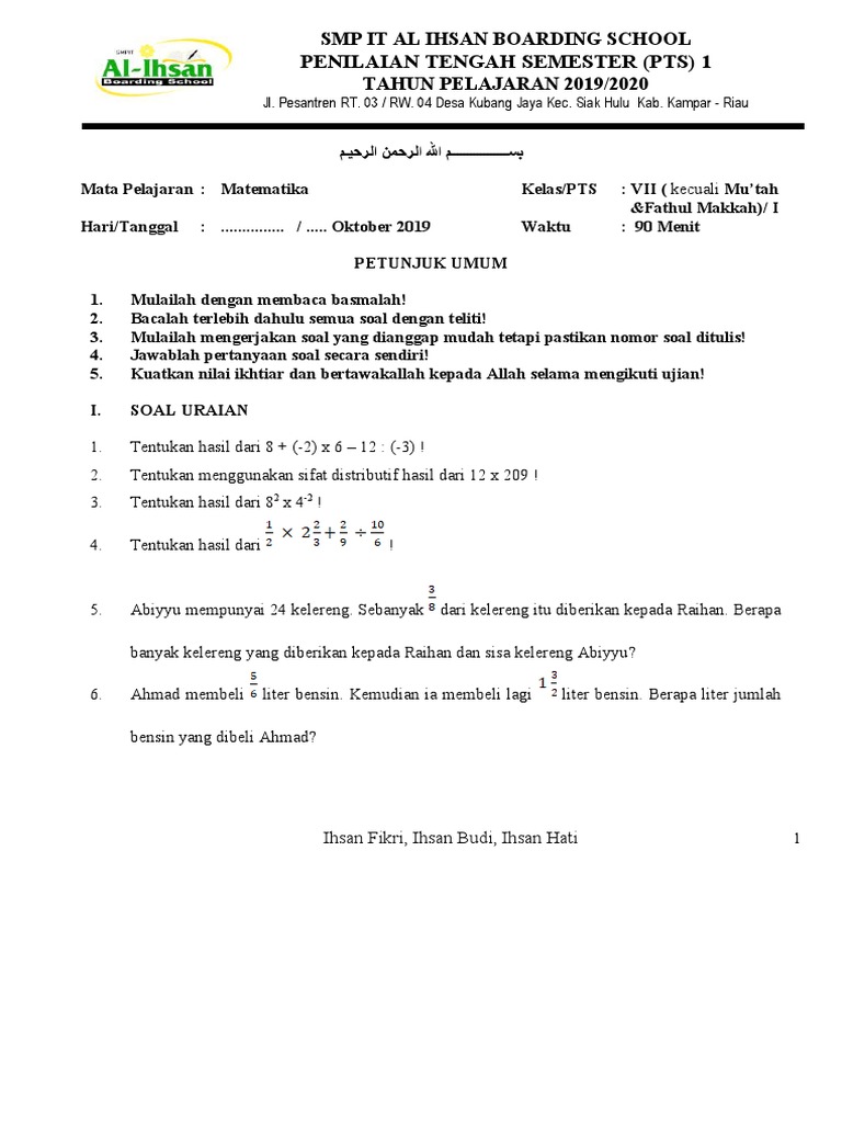 Soal Matematika Kelas Vii Khairunnissa | PDF | Seni & Disiplin Bahasa