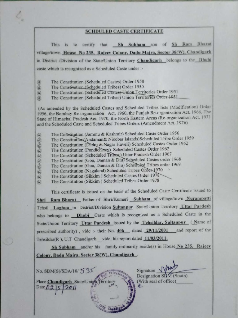 Scheduled Caste Certificate - Chandigarh | PDF