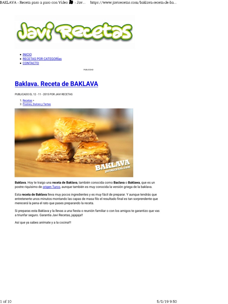 BAKLAVA - Receta Paso A Paso Con Vídeo - Javi Recetas | PDF