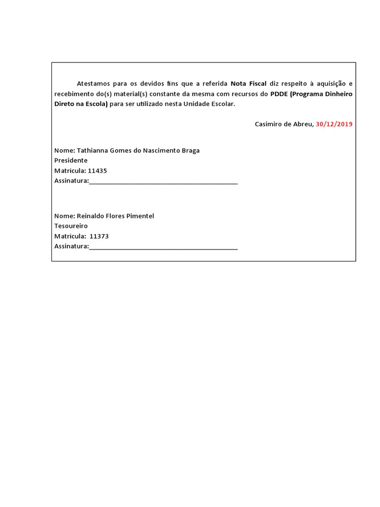 Atesto para Verso Da Nota Fiscal | PDF