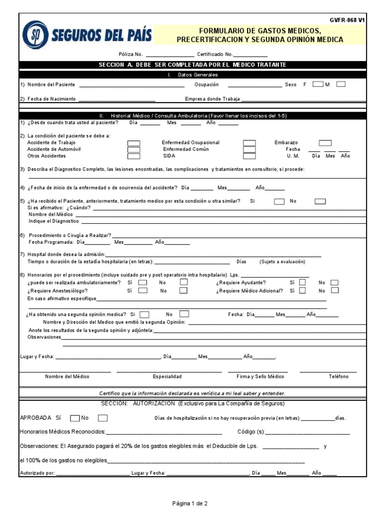 GVFR-068 V1 Formulario de Gastos Medicos y Precertificacion | Descargar ...