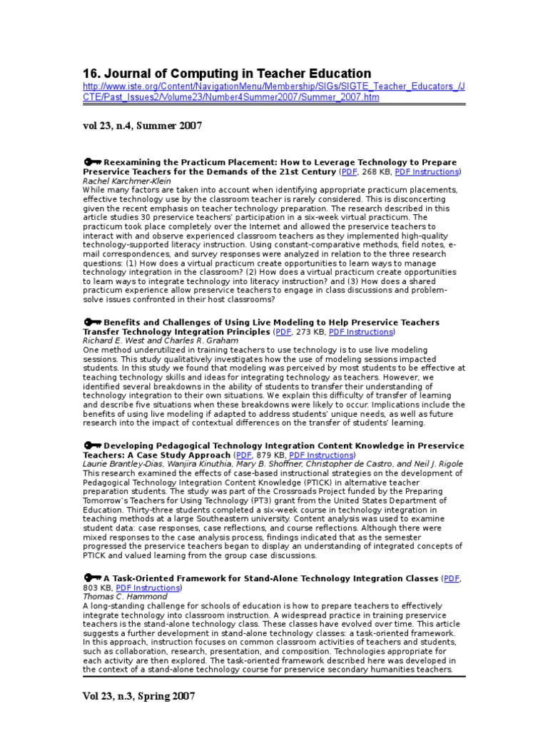 Journal of Computing in Teacher Education: Vol 23, n.4, Summer 2007 ...