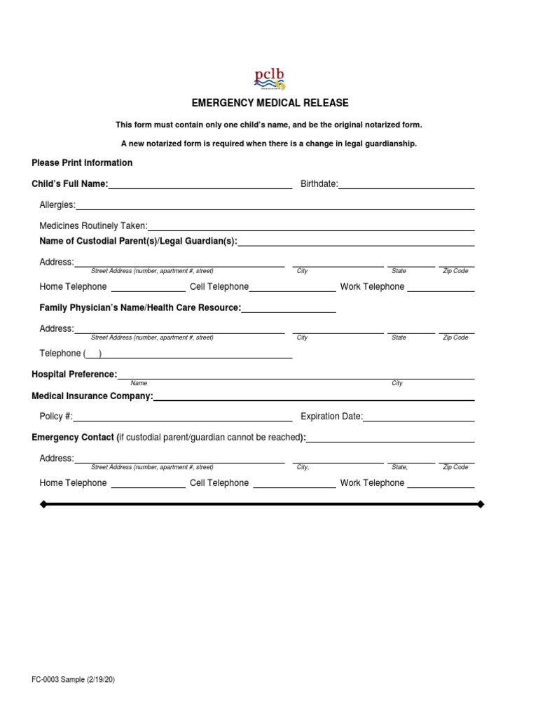 Emergency Medical Release Form | PDF | Legal Guardian | Notary Public